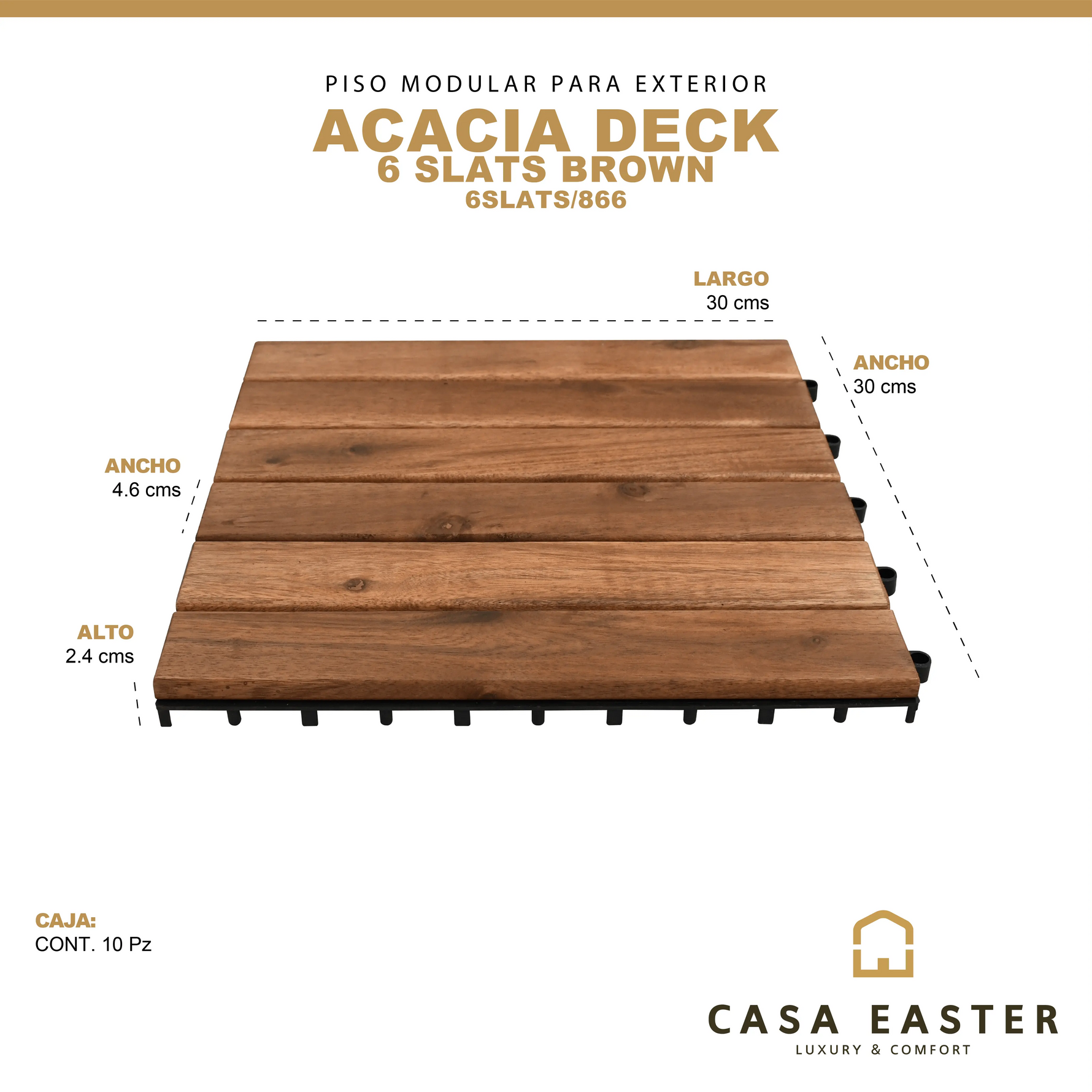Caja de 10 pz-Piso Modular de madera Acacia Color Brown 6slats-866 ...
