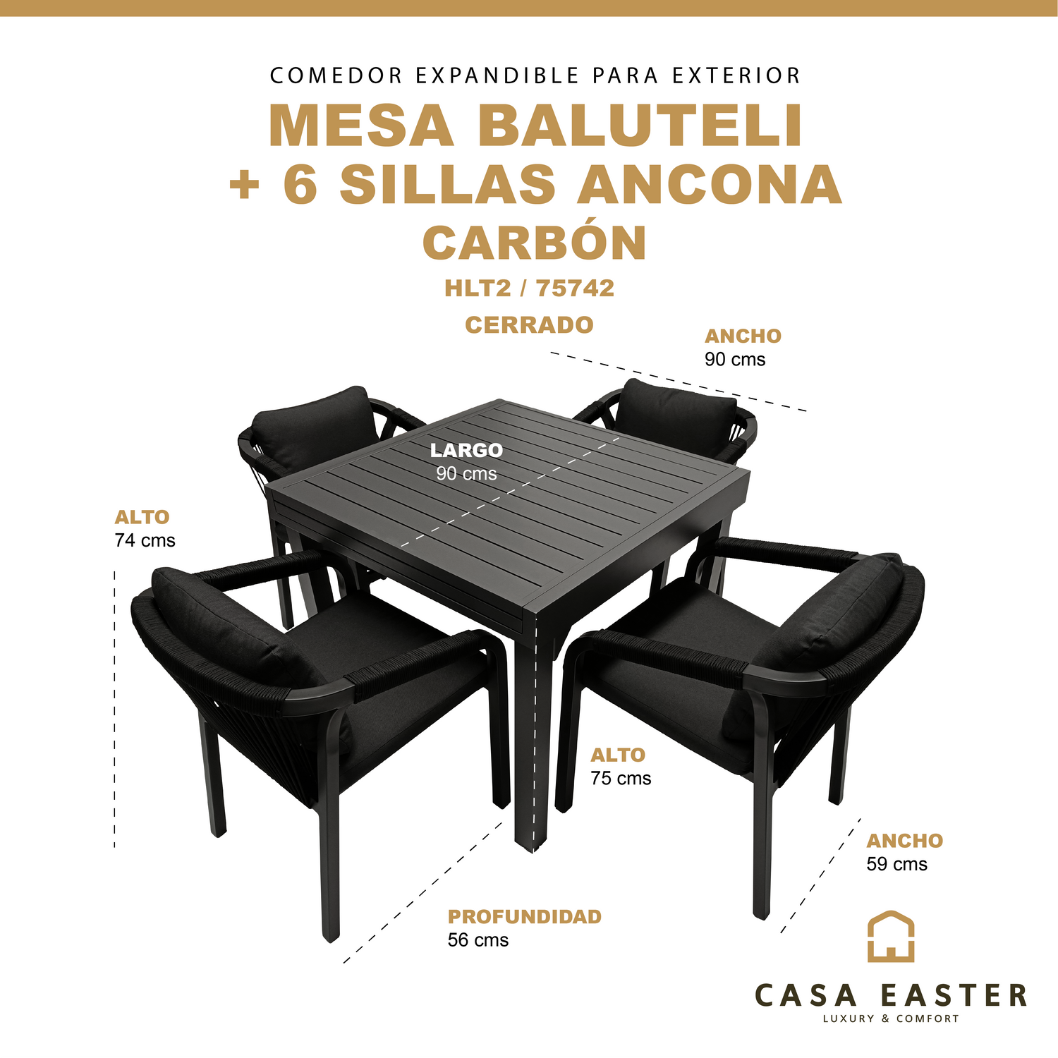 Comedor Expandible Baluteli 1.8 M + 6 sillas Ancona color Carbon ...