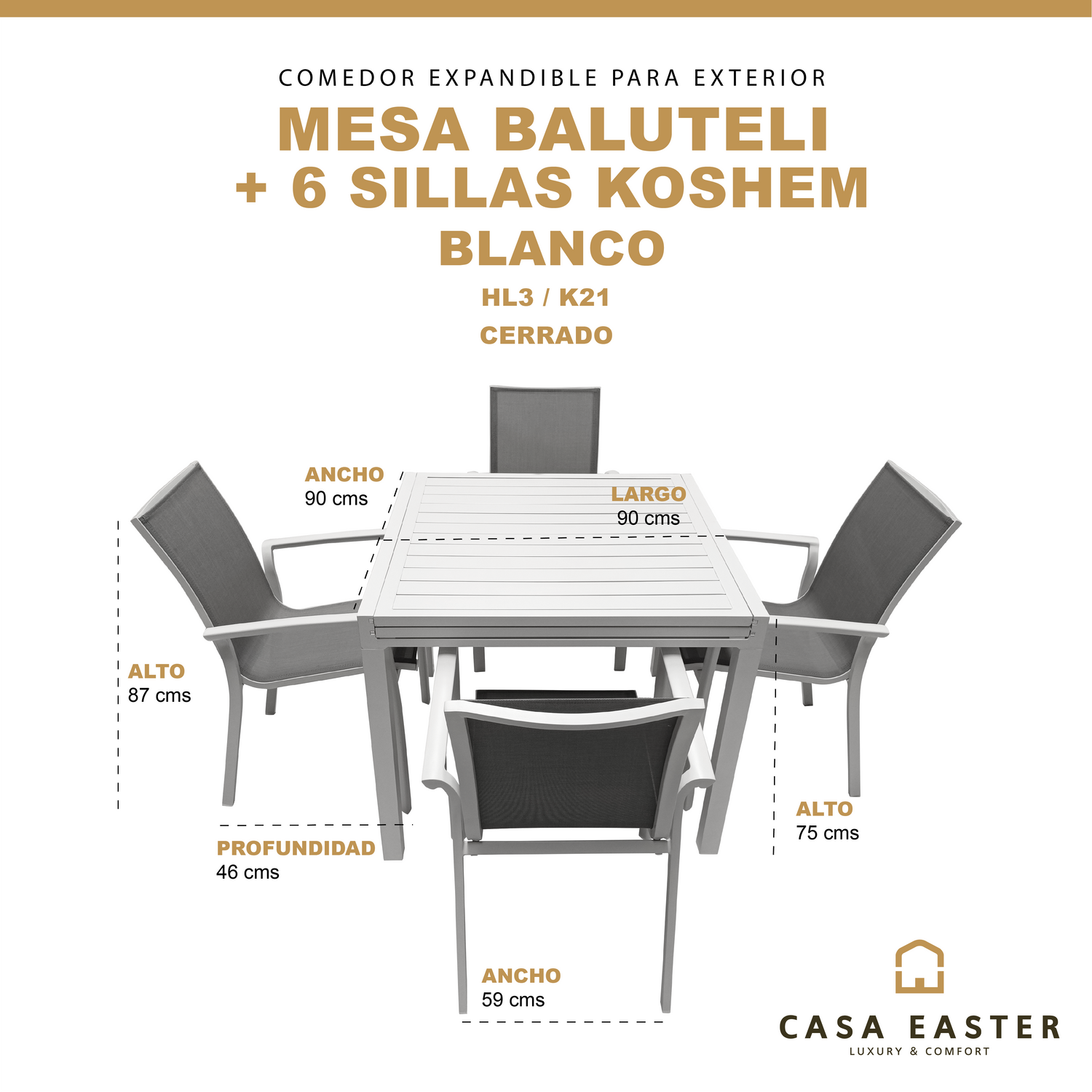 Comedor Expandible Baluteli + 6 sillas Koshem blanco – CasaEaster