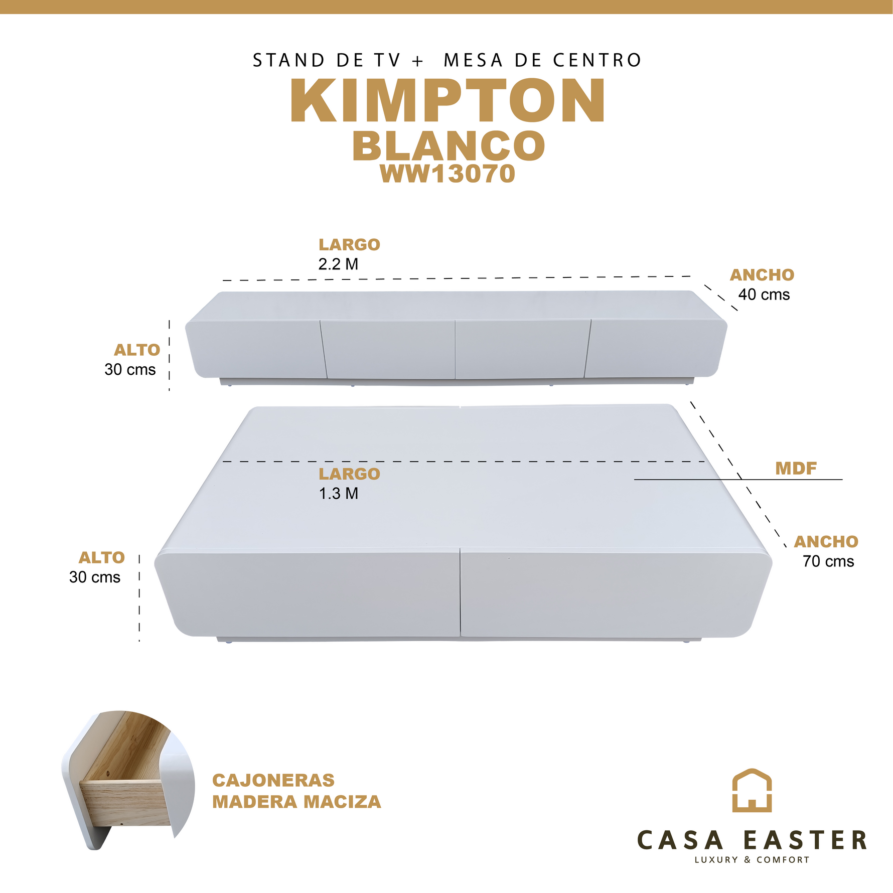 Set TV Kimpton 2.2 M / 1.3 M WW13070 color blanco - WW13070 – CasaEaster